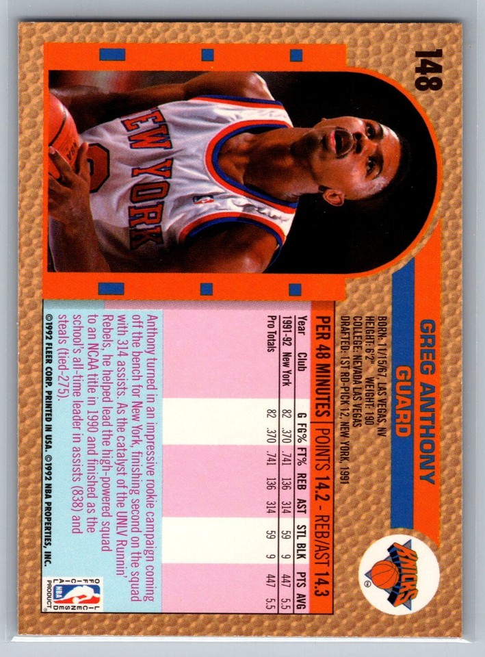 Greg Anthony 1992-93 Fleer BASKETBALL #148 New York Knicks | eBay