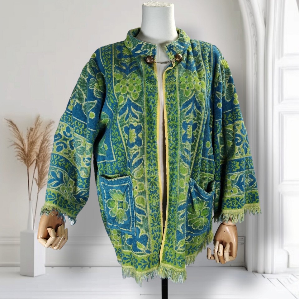 Vintage 60s 70s Terry Cloth Towel Jacket Green Blue Unisex Boho Fringe ...