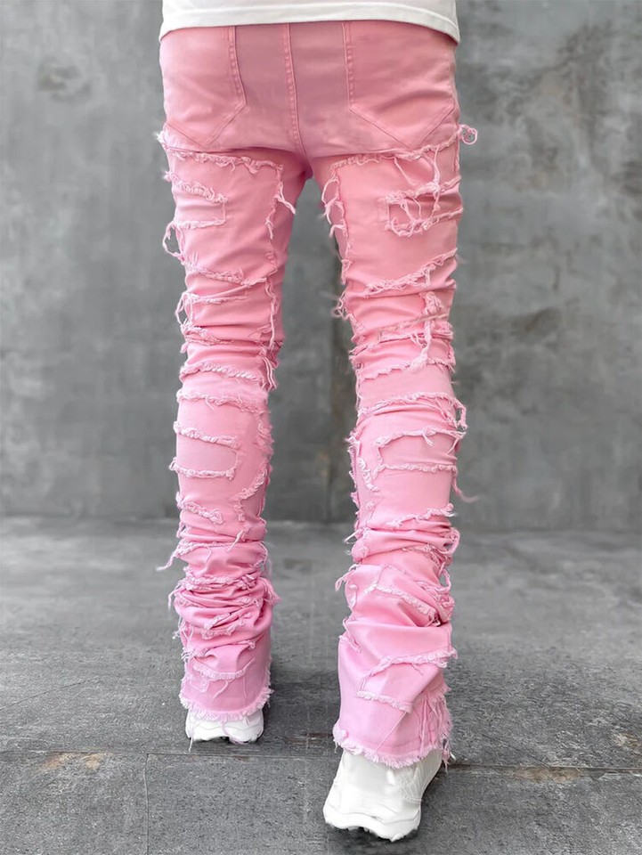 Men's Denim Straight Leg Pants Street Fashion Stretch Patch Denim ...