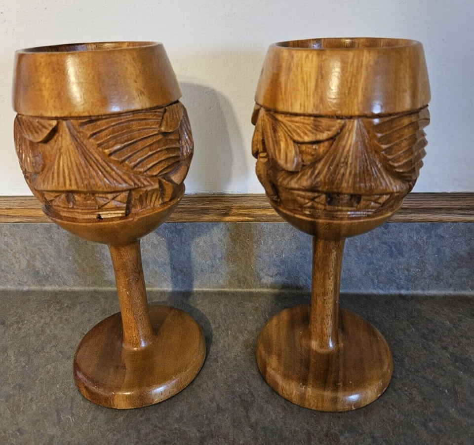 2 VTG Philippines Hand Carved Monkey Pod Wood Palm Tree Tiki Hut ...