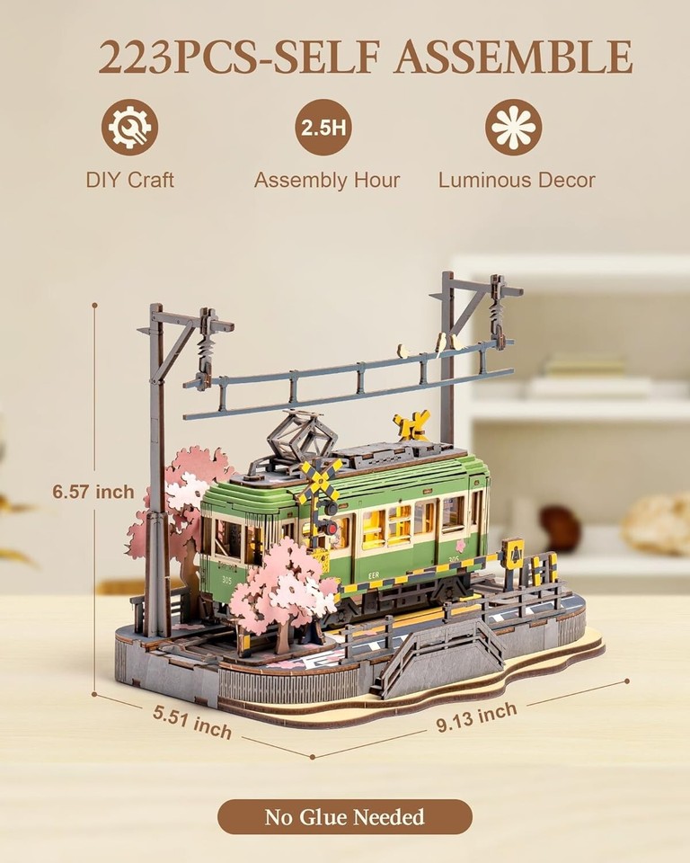 Rolife 3D Wooden Puzzle Model Kits for Adults to Build Sakura Tram with ...