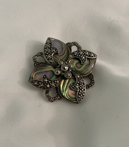 Vintage Sterling Silver Abalone Shell Marcasite Flower Pin Brooch ...