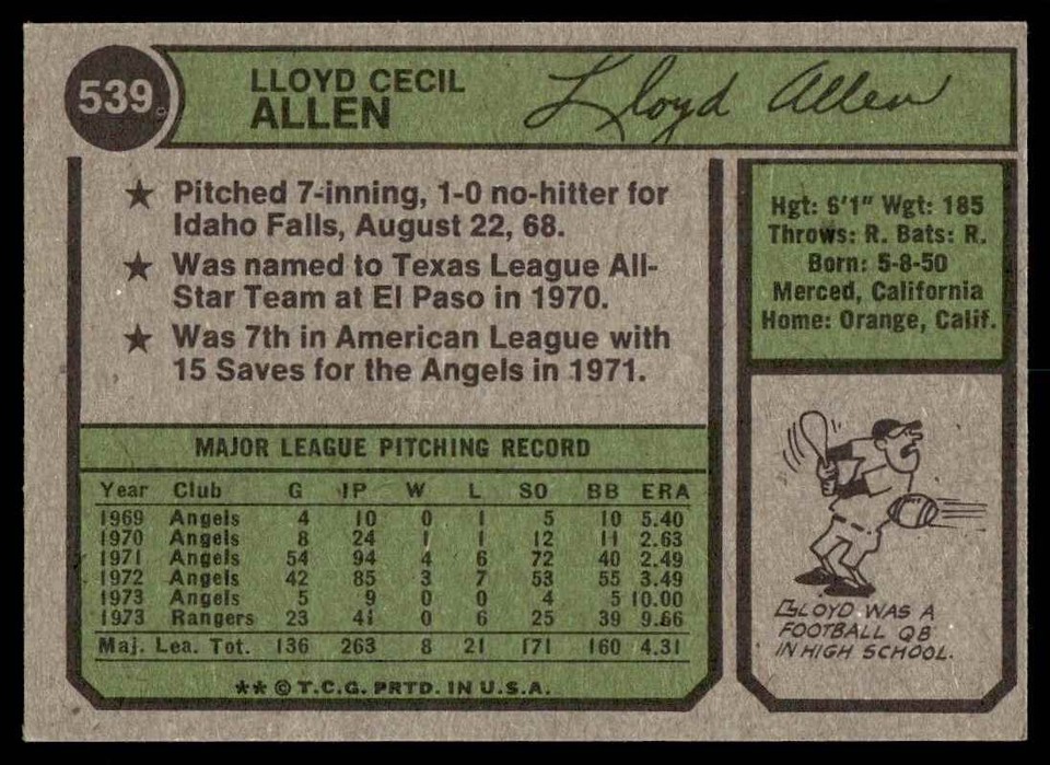 Lloyd Allen 1974 Topps #539 Texas Rangers 27437 Baseball Card | eBay
