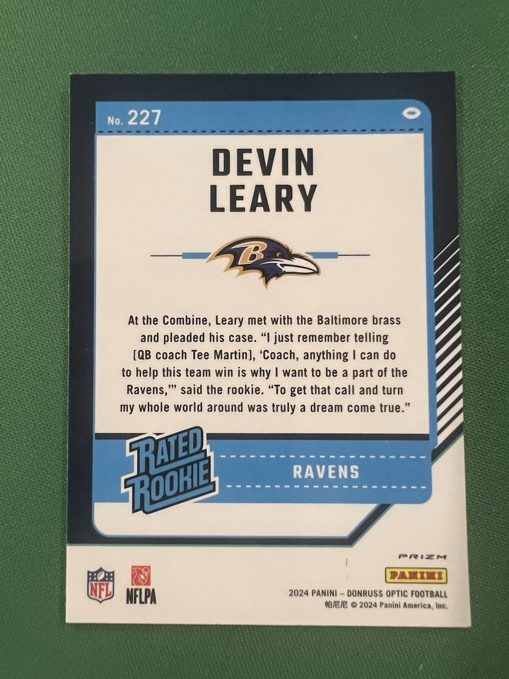 2024 Donruss Optic Devin Leary Purple Shock Baltimore Ravens #227 ...