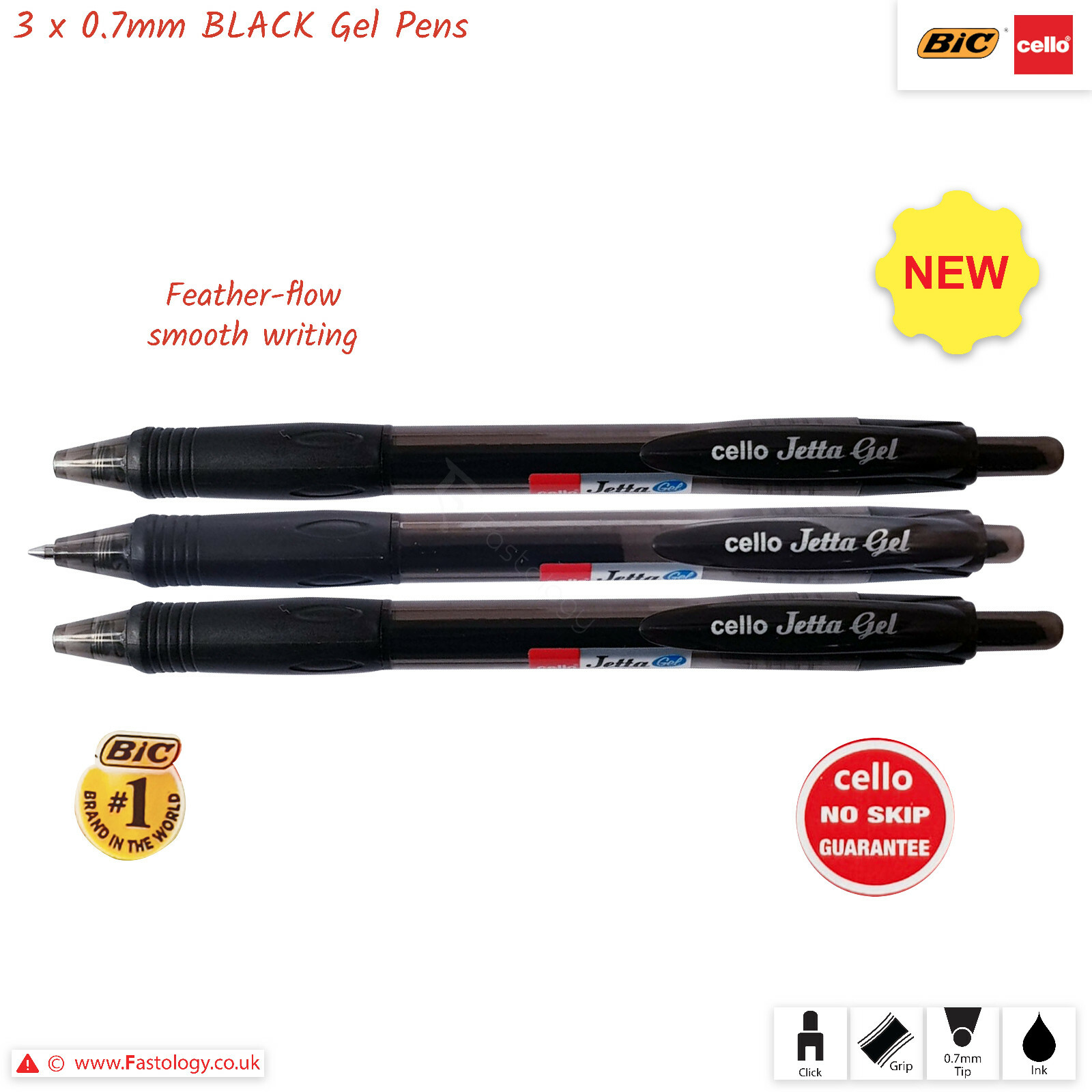 12 x BIC CELLO Jetta 0.7mm Fine BLACK BLUE RED Smooth Writing Gel Pens ...