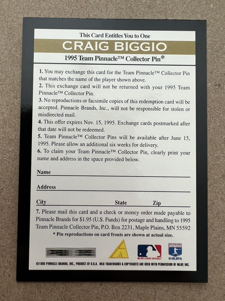 1995 Pinnacle Team Pinnacle Collector Pin Redemption Craig Biggio | eBay