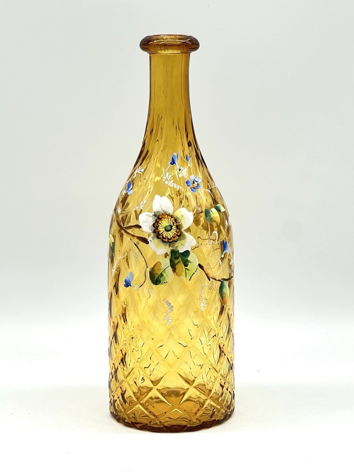 Antique Handpainted Pontiled Diamond Lattice Amber Glass Barber Bottle ...