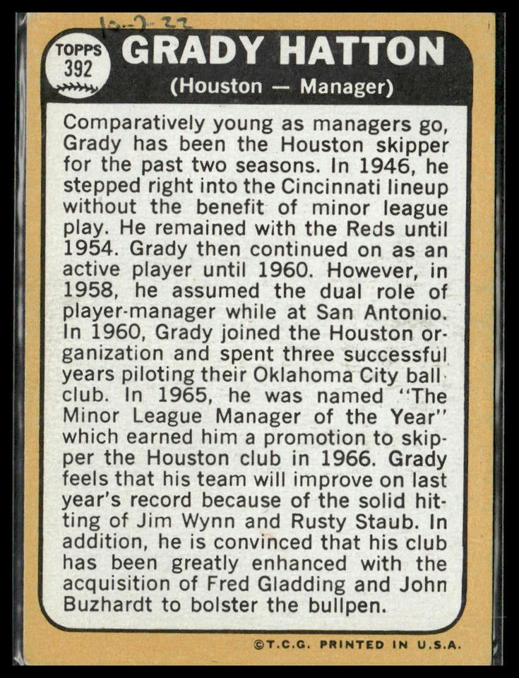 Grady Hatton #392 1968 Topps Houston Astros | eBay