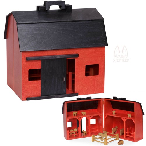 LARGE TOY WOOD RED BARN Complete with Farm Animals & Fence - Amish ...