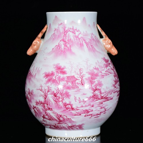 12"Old Dynasty Famille Rose Porcelain Double Deer Head landscape Zun ...