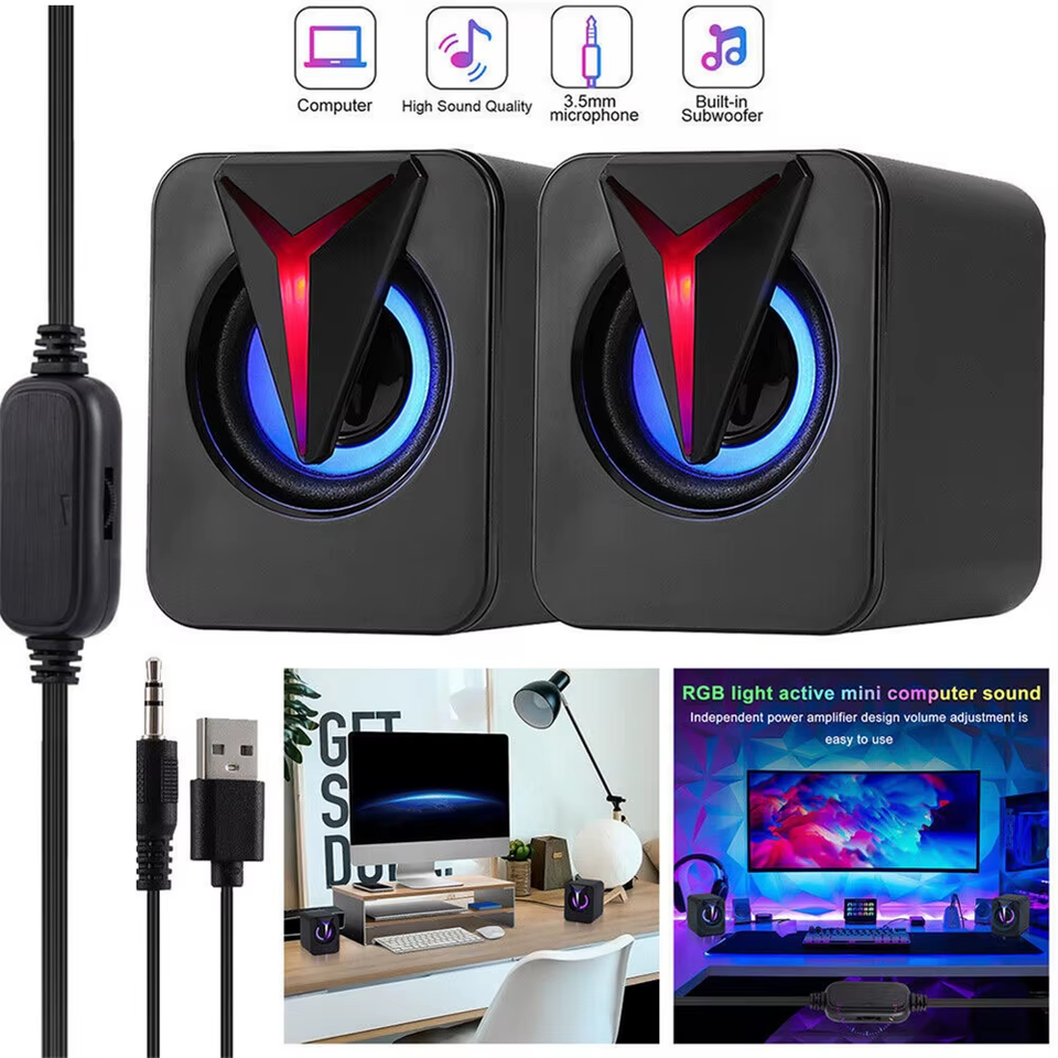 3.5Mm Mini USB Wired Computer Speakers RGB LED Stereo Bass for PC ...