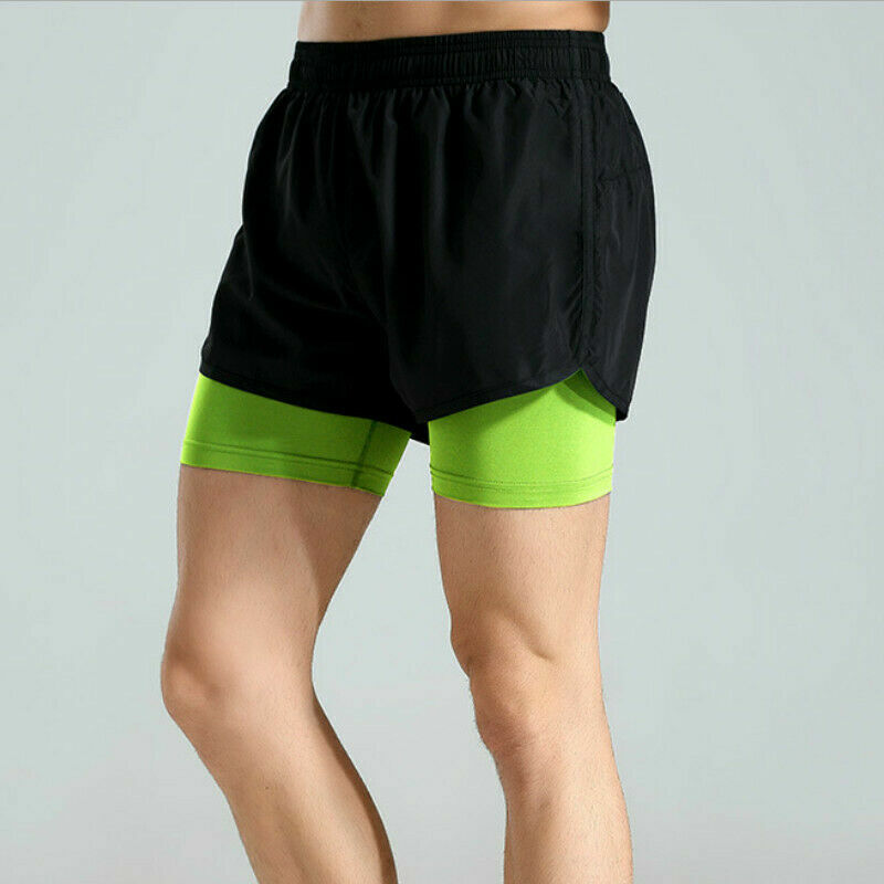 Men Double Layer Sport Shorts Quick Dry Fitness Training Running Half ...