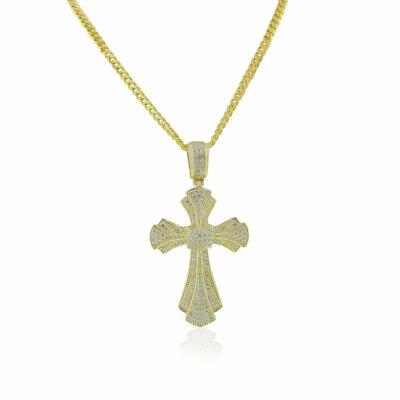 925 Sterling Silver Gold-Tone Clear CZ Large Hip-Hop Cross Pendant ...
