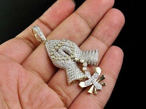3.00Ct Round Cut Simulated Diamond Praying Hand Pendant 14k Yellow Gold ...
