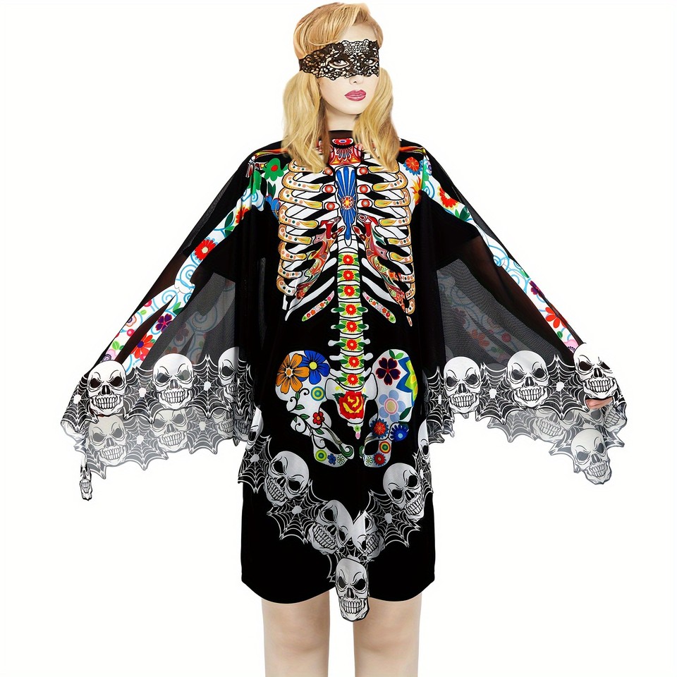 Halloween Skeleton Poncho with Lace - Day of The Dead Costume for Women ...