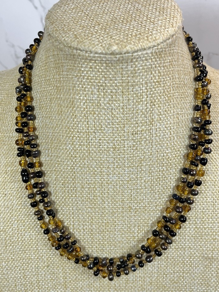 Glass Bead Necklace Long Mixed Brown Cognac Iridescent & Yellow Flapper ...