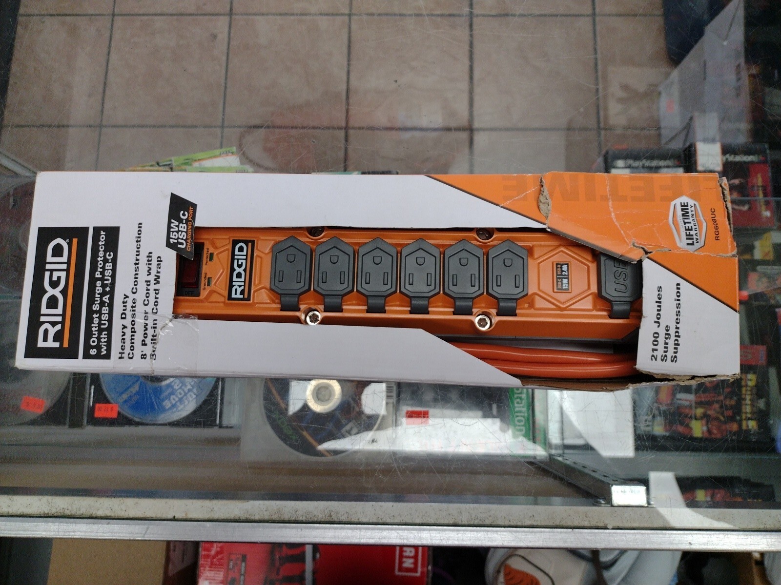 RIDGID 8 ft. Cord 6-Outlet 2.4 Amp USB-A 15-Watt USB-C 2100J Surge ...