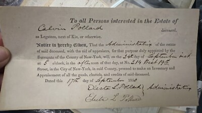 1850 Administratrix Notice Estate of Architect Calvin Pollard New York ...