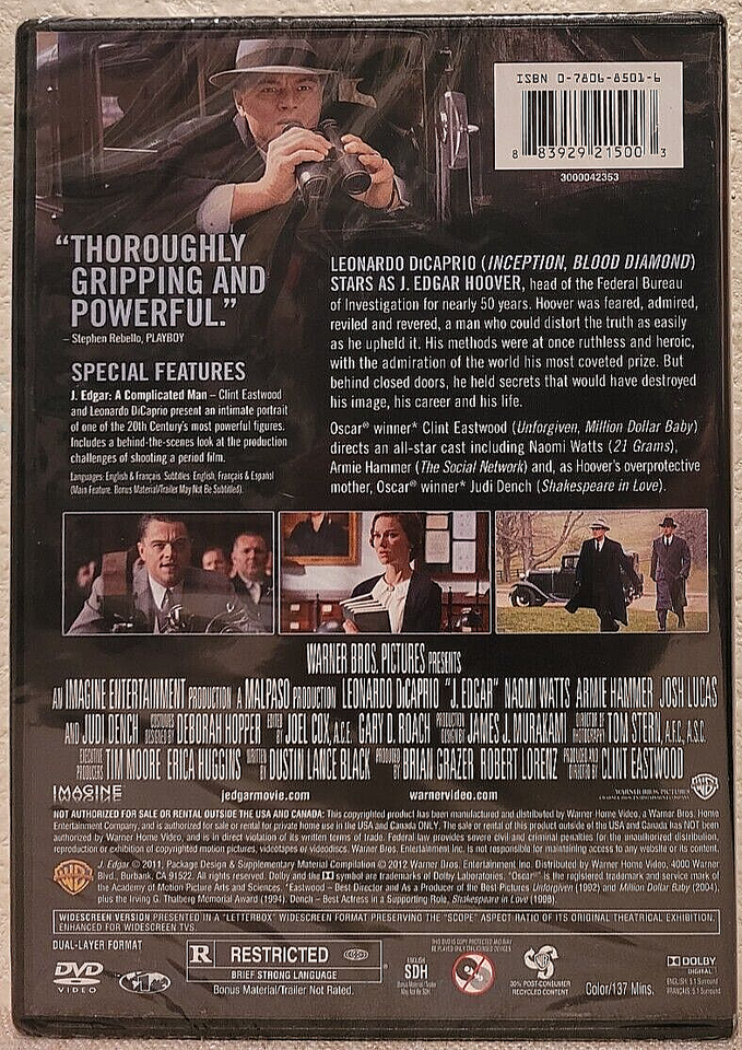 J. Edgar (DVD, 2011 Widescreen) Leonardo DiCaprio, Naomi Watts - New ...