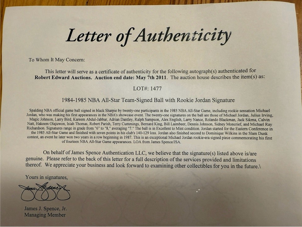 1985 All Star Team Autographed Game Ball Michael Jordan Rookie ...