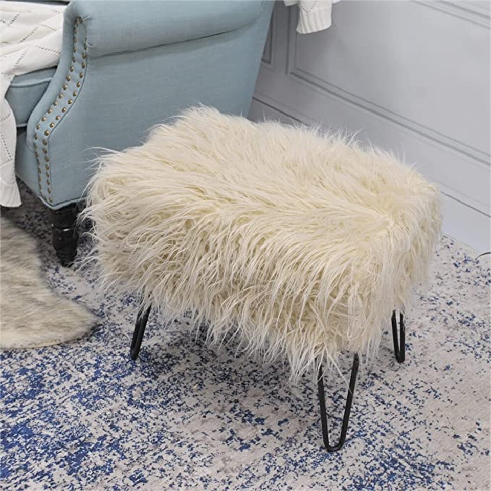 Fluffy Mongolian Faux Fur Ottoman Bench for Modern Living Room Home ...
