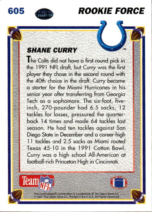 Shane Curry 1991 Upper Deck #605 Indianapolis Colts | eBay