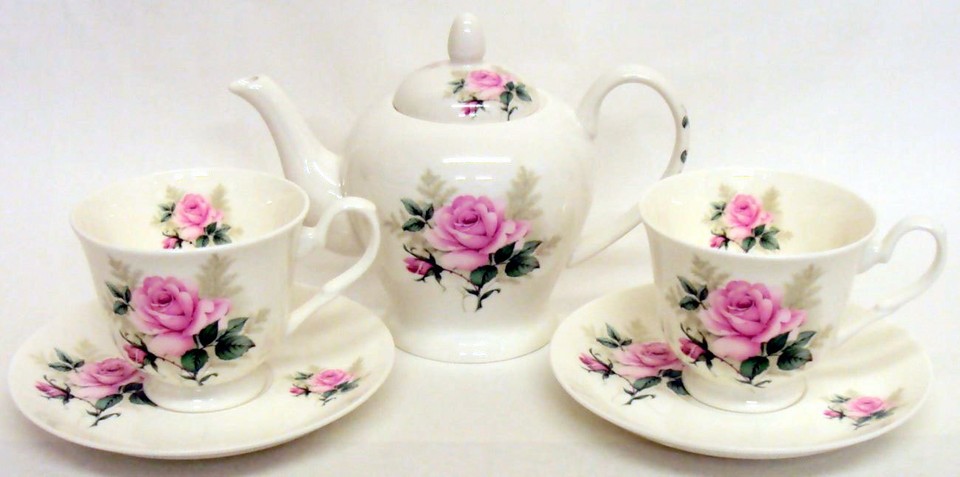 Majestic Rose Tea Set for Two Bone China Roses Teapot 2 Cups 2 Saucers ...