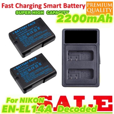 2X 2200mAh EN-EL14A Battery + Dual Charger For Nikon D5100 D5200 D5300 ...