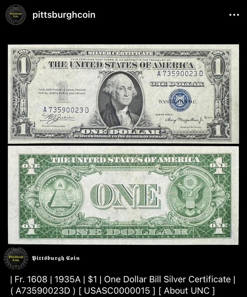 1935A $1 One Dollar Silver Certificate FR 1608 AU Example Crisp Vintage ...
