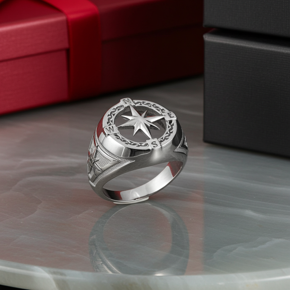 Mens Sterling Silver Compass Rose Open Signet North Star Statement Ring ...