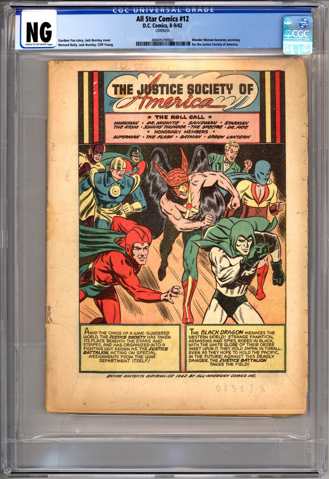 ALL-STAR COMICS #12 CGC -NG- JSA *WONDER WOMAN #1 FULL PG AD ...