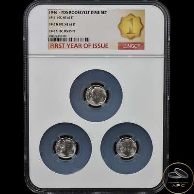 1946 PDS 10c Silver Roosevelt Dime Set NGC MS 65 FT Three Coin Lot Tri ...