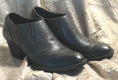 Born Logo Dk Brown Leather Wingtip Block Heel Slip-on Booties/Shoes ...