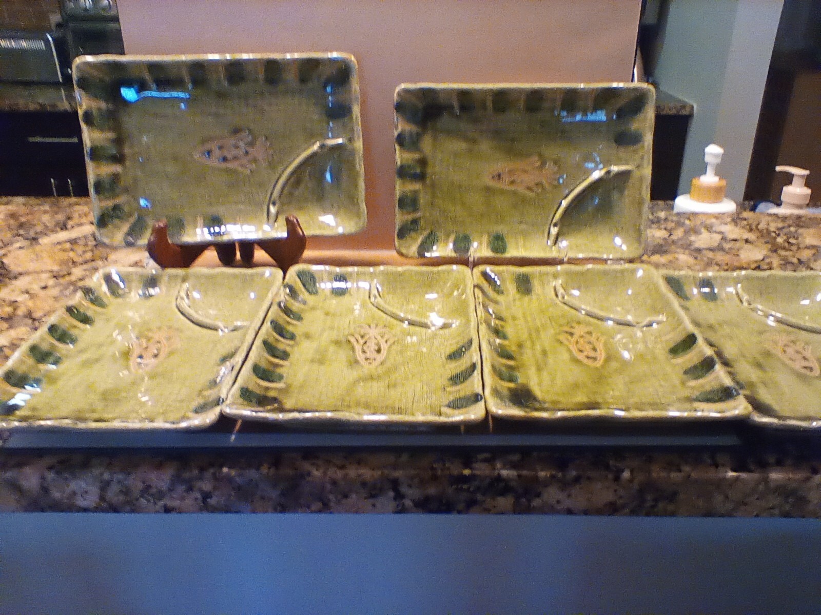 Japanese Sushi/Sashimi Plates set Of 6 Green Ceramic Signed Pottery 8 ...