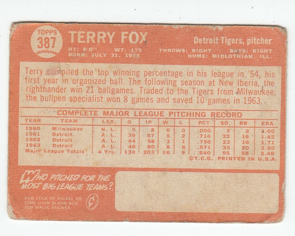 Terry Fox Vintage 1963 Topps Baseball Card # 387 Detroit | eBay