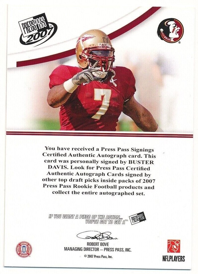 BUSTER DAVIS 2007 PRESS PASS SIGNINGS BRONZE AUTOGRAPH FLORIDA STATE SP ...