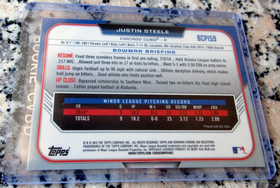 JUSTIN STEELE 2015 Bowman Chrome 1st TRUE Rookie Card RC Chicago Cubs ...