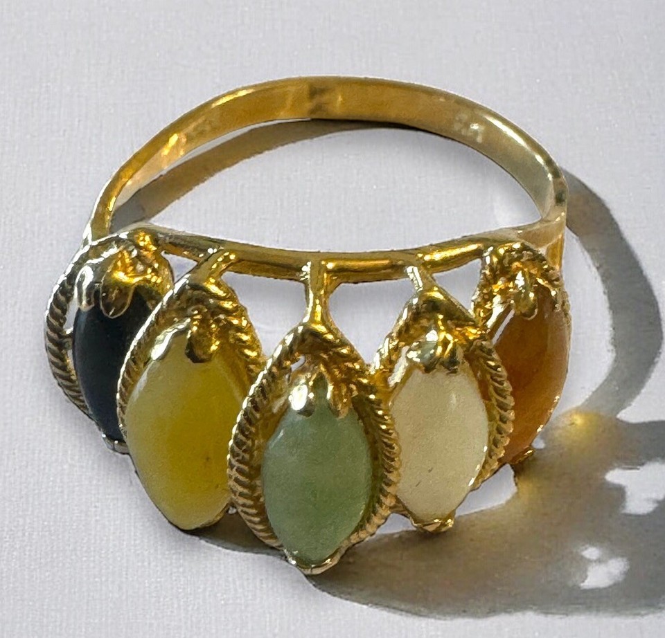 14k Yellow Gold Multi Color Marquise Jade STATEMENT Band Ring Size 7.25 ...