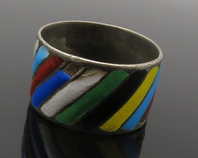 SIAM 925 Silver - Vintage Enamel Slanted Stripes Band Ring Sz 6 ...