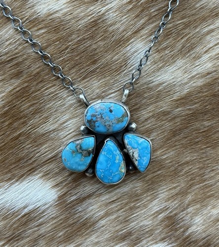 Navajo Handmade Sterling Silver Blue Bird Turquoise Cluster Bar ...