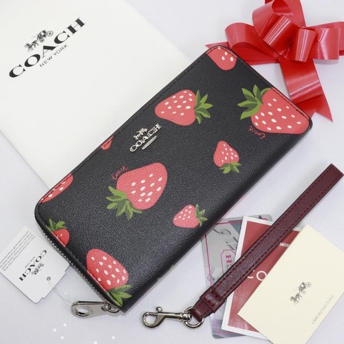 COACH Strawberry Print Long Zip Around Wallet Coated Canvas Leather ...