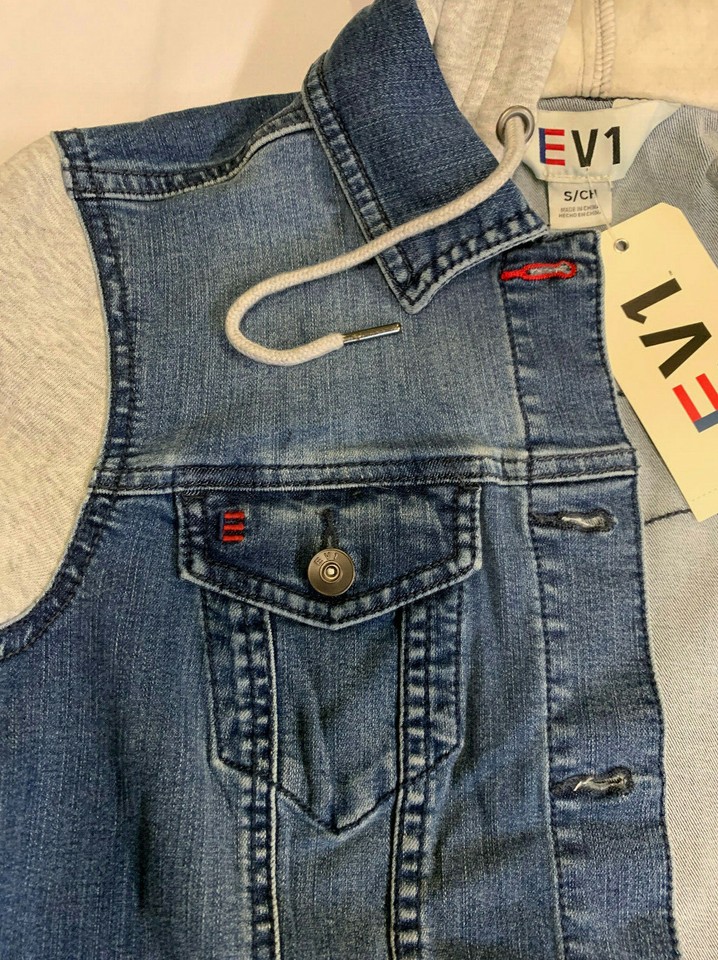 WOMENS SIZE S EV1 ELLEN GRAY FLEECE HOODED BLUE JEAN DENIM JACKET LOVE ...
