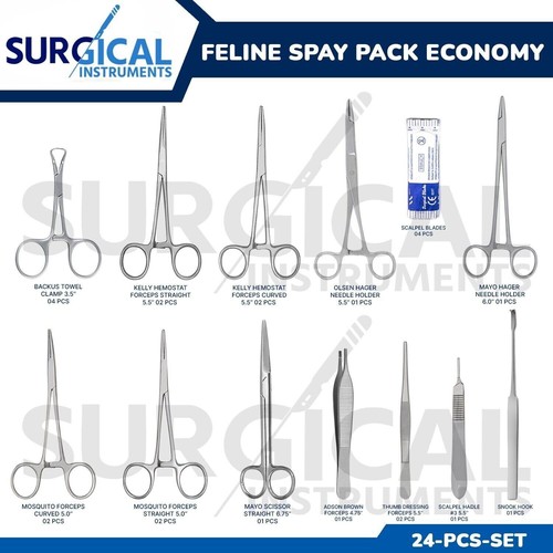 24 Pcs Feline Spay Pack Set Kit Economy Stainless Steel Surgical ...