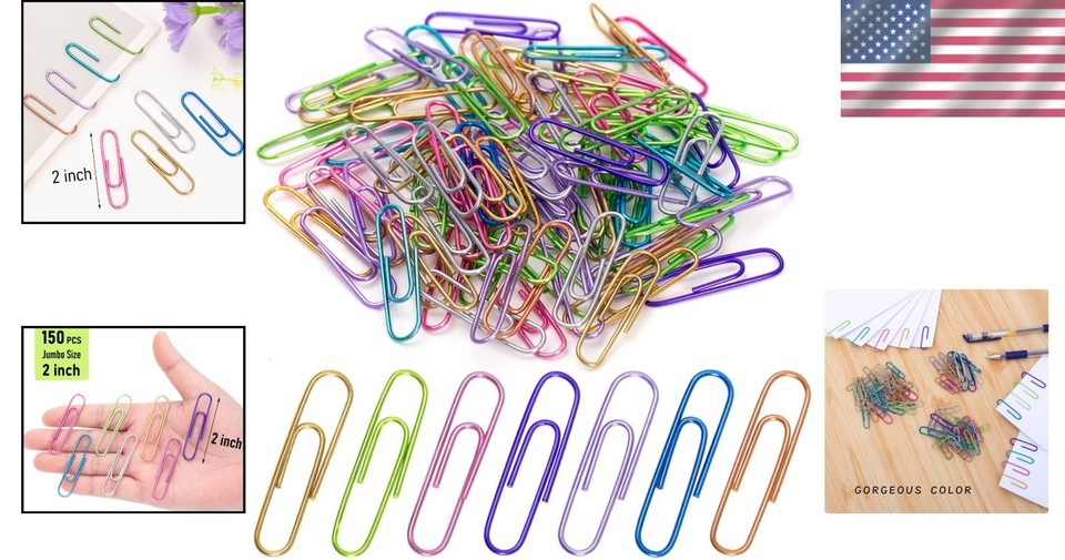 Elegant Storage of 150 Jumbo Paper Clips - 2 Inch Colored Clips for All ...