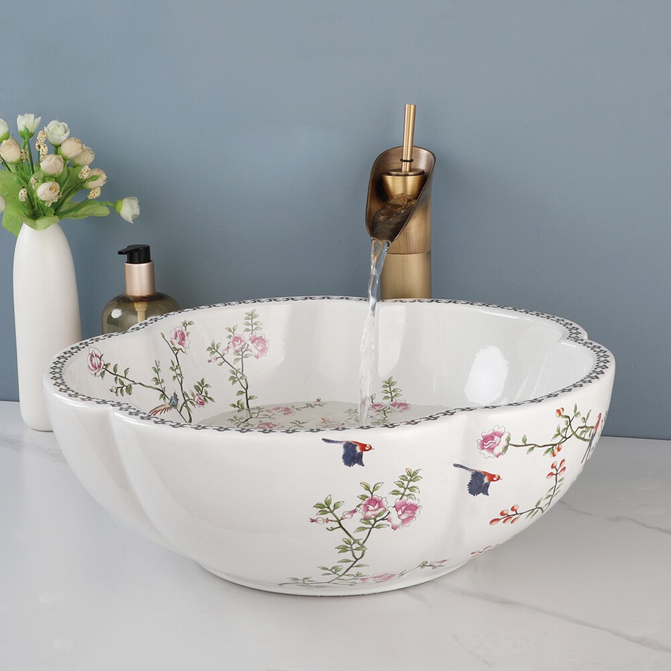 Ceramic Bathroom Flower Shape Vessel Sink Washing Basin+ Faucet Mixer ...