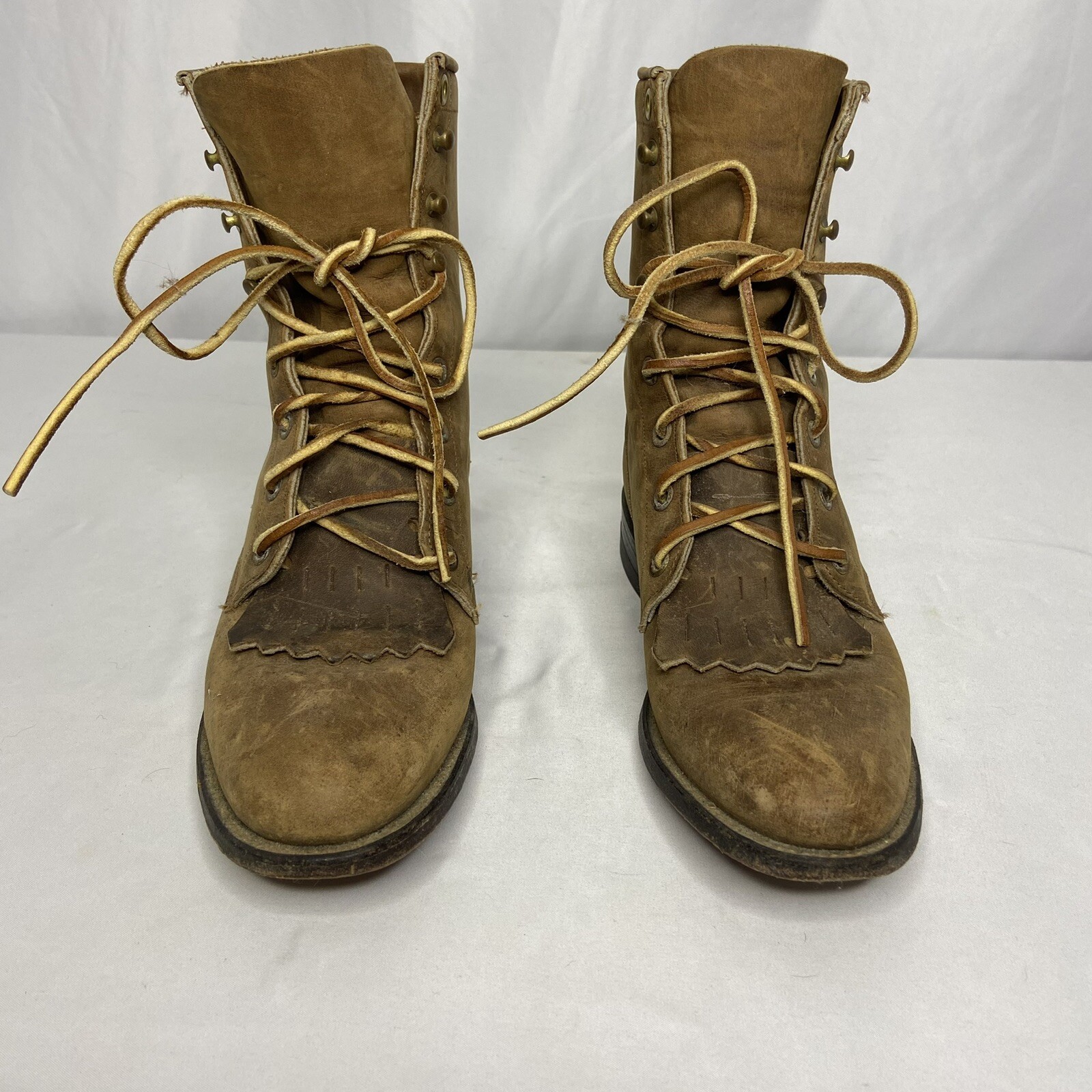 Justin Ladies USA Brown Leather Lace Up Roper Western Cowgirl Boots ...