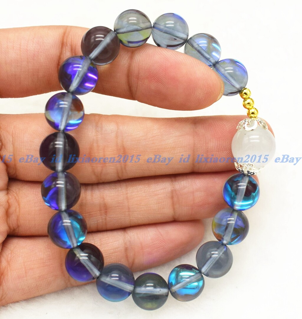 Gray Gleamy Rainbow Moonstone Round Gems Beads Bracelet 7.5'' 6/8/10 ...