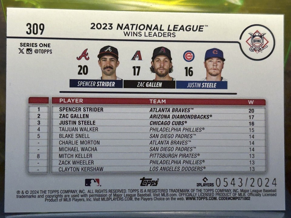 National League Wins Leaders 2024 Topps Series 1 #309 Gold Parallel ...