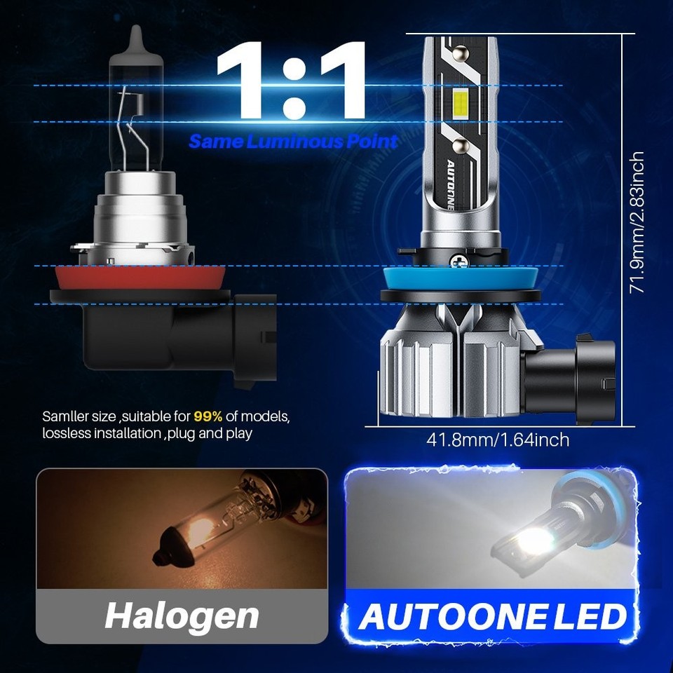 H11 LED Headlight Low Beam Bulbs Super Bright 6500K White 20000LM Error ...