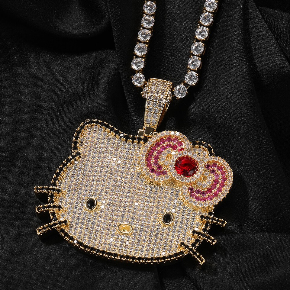 14K Gold Finish Iced Out Cute Hello Kitty Head Cartoon Pendant Charm ...